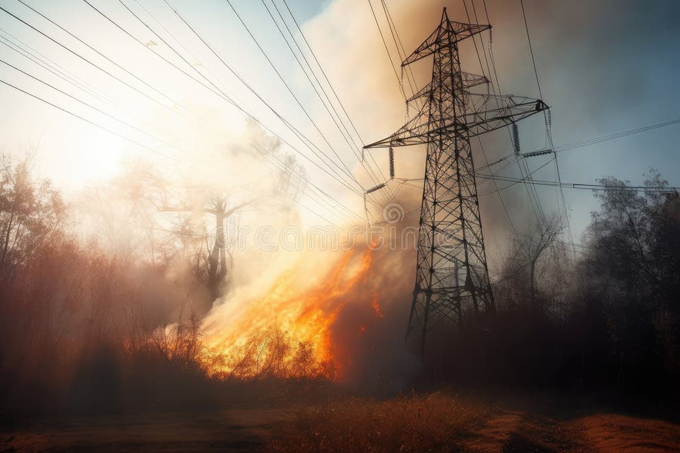 High-voltage Power Line Breaking, Causing Sparking and Smoke Stock ...