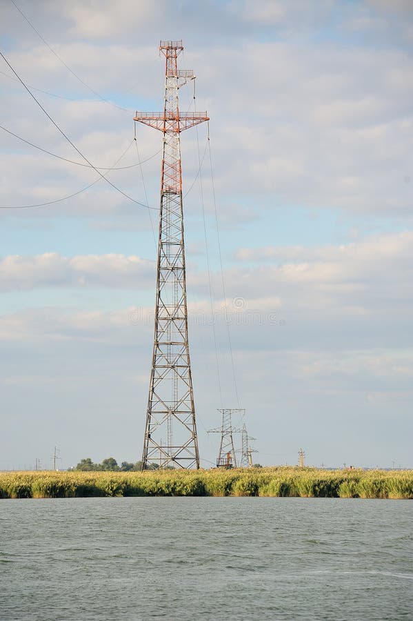 High-voltage Power Line Crosses a Water Body Stock Image - Image of ...