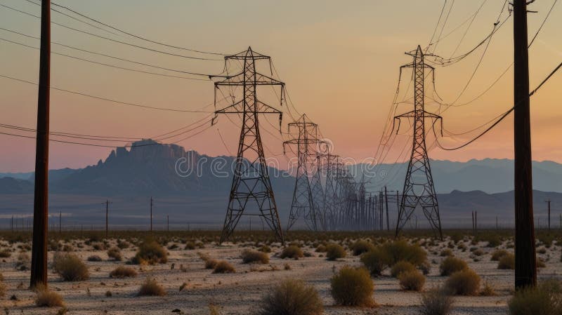 A High-voltage Power Line Cuts through a Desolate Desert, with ...