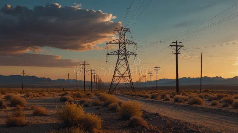 A High-voltage Power Line Cuts through a Desolate Desert, with ...