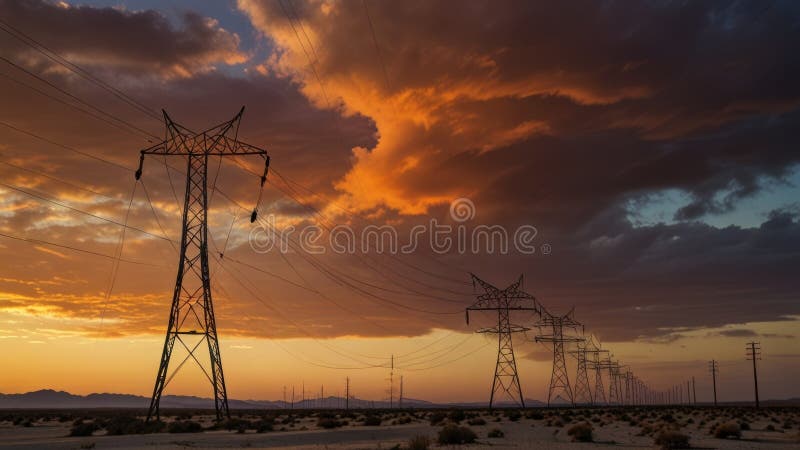 A High-voltage Power Line Cuts through a Desolate Desert, with ...