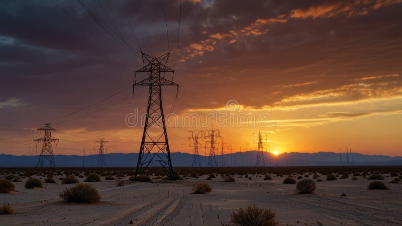 A High-voltage Power Line Cuts through a Desolate Desert, with ...
