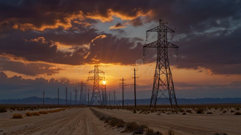 A High-voltage Power Line Cuts through a Desolate Desert, with ...