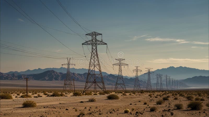 A High-voltage Power Line Cuts through a Desolate Desert, with ...