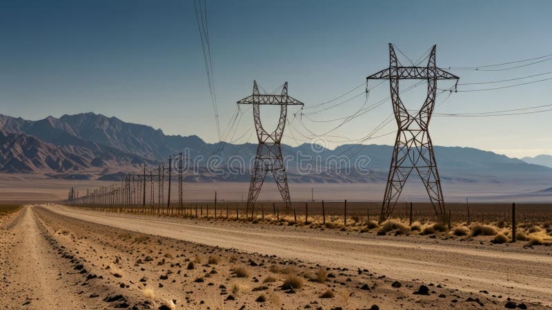 A High-voltage Power Line Cuts through a Desolate Desert, with ...