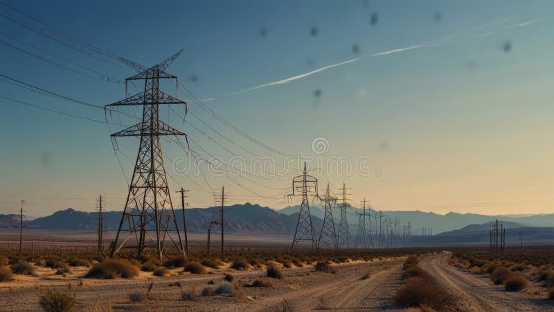 A High-voltage Power Line Cuts through a Desolate Desert, with ...