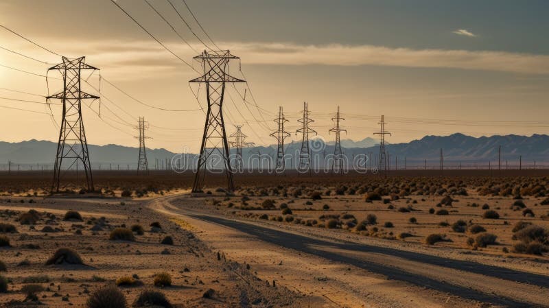 A High-voltage Power Line Cuts through a Desolate Desert, with ...