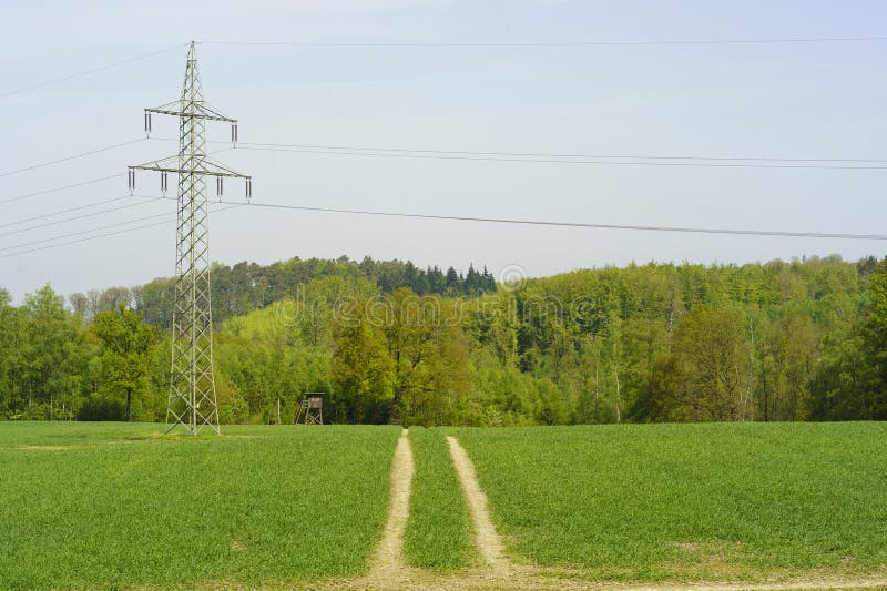 High-voltage Power Line on a Green Field in Spring Stock Photo - Image ...