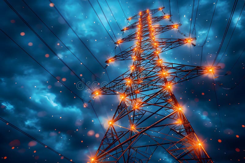 High Voltage Power Line Illuminated by Many Lights Generative AI Stock ...