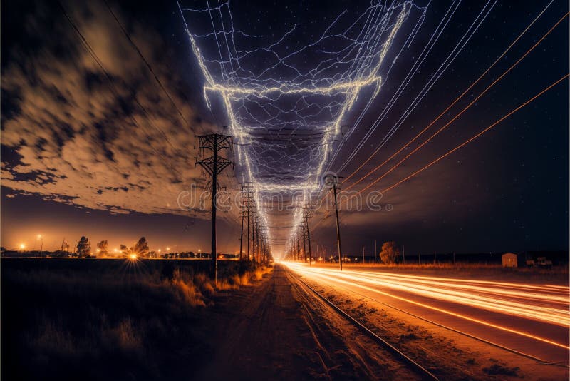 High Voltage Power Line with Lightning Flashes on a Night Landscape ...