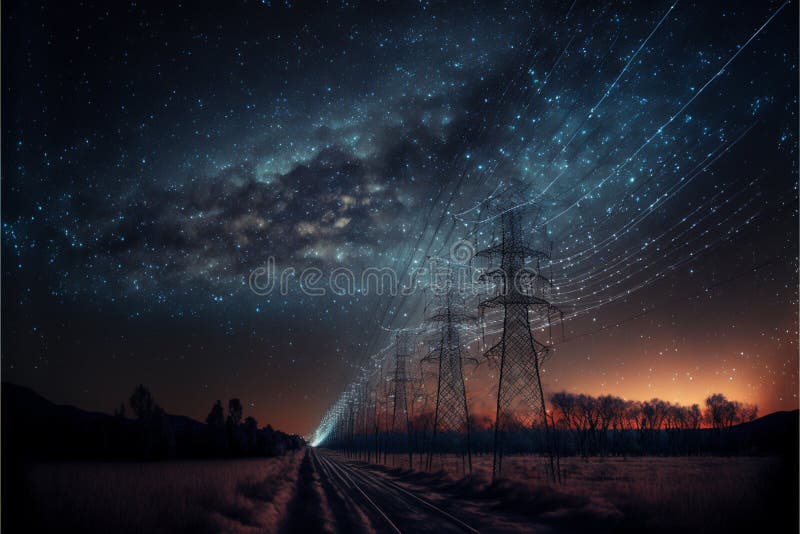 High Voltage Power Line with Lightning Flashes on a Night Landscape ...