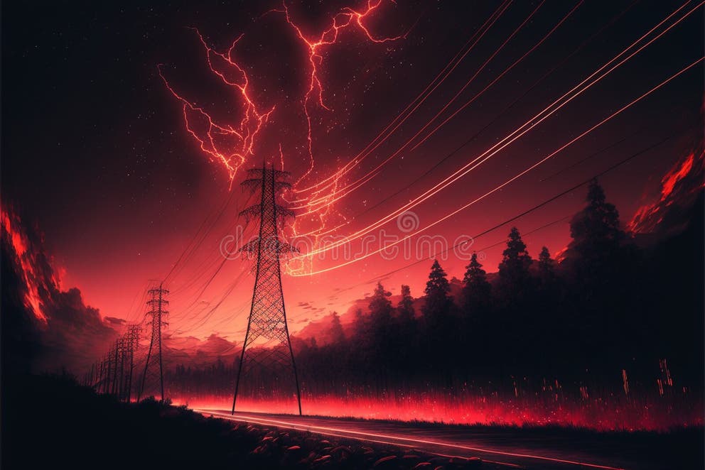 High Voltage Power Line with Lightning Flashes on a Night Landscape ...