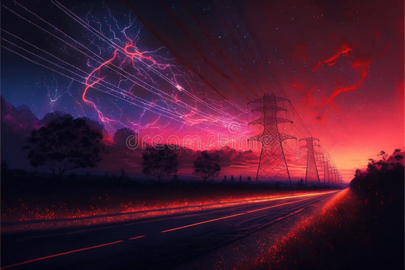 High Voltage Power Line with Lightning Flashes on a Night Landscape ...