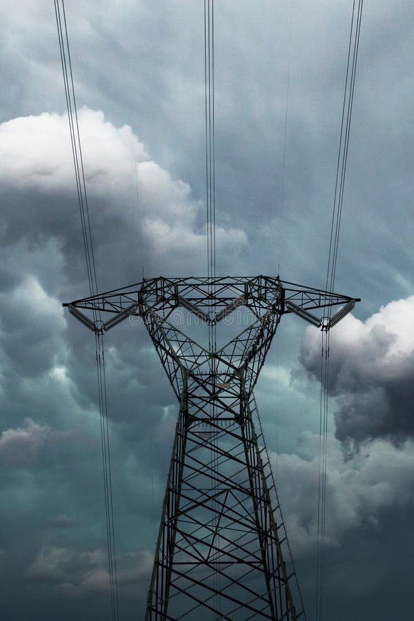 High Voltage Power Line with Lightning and Thunderstorm on the Evening ...