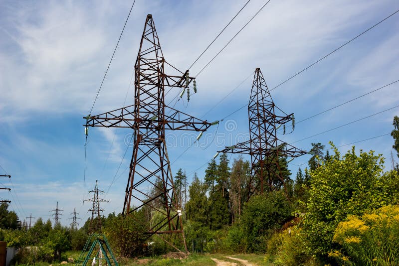 High-voltage Power Line Passing Over Summer Cottages Stock Image ...
