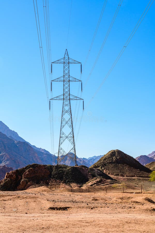 High Voltage Power Line in a Sinai Desert, Egypt Stock Photo - Image of ...