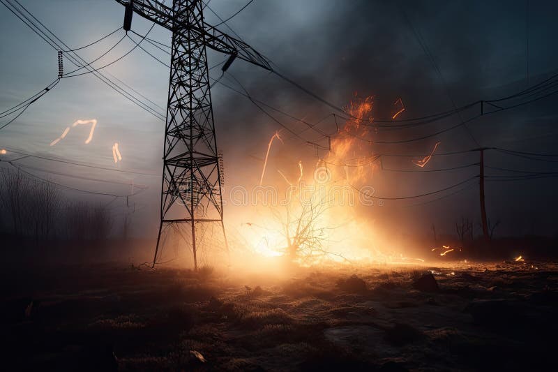 High-voltage Power Line with Sparks Flying and Smoke Rising after Being ...