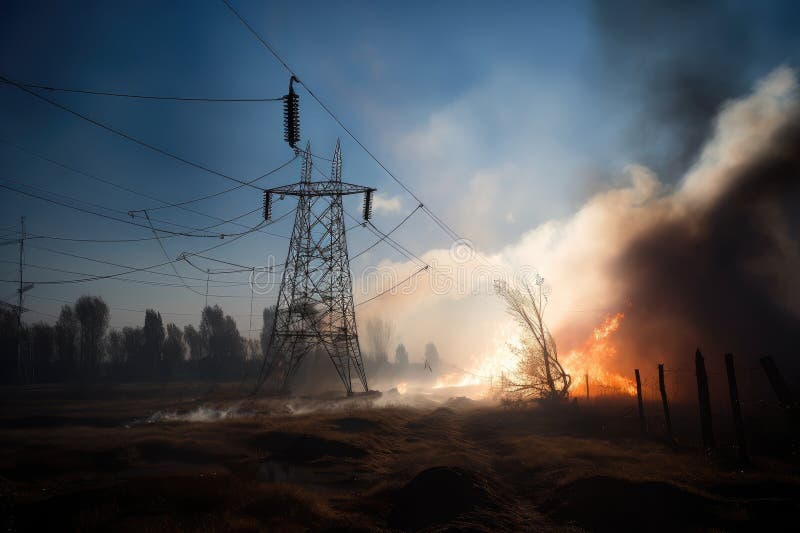 High-voltage Power Line with Sparks Flying and Smoke Rising after Being ...