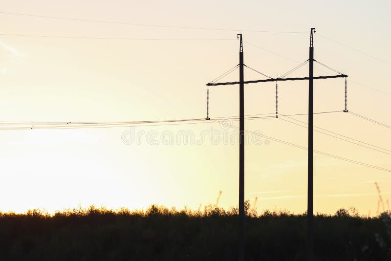 High-voltage Power Line at Sunset. Stock Image - Image of cable ...