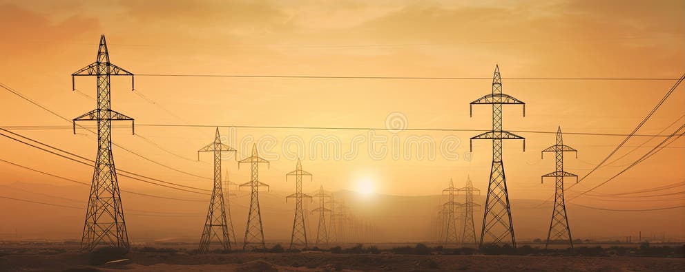 High Voltage Power Line at Sunset. Generative AI Stock Illustration ...