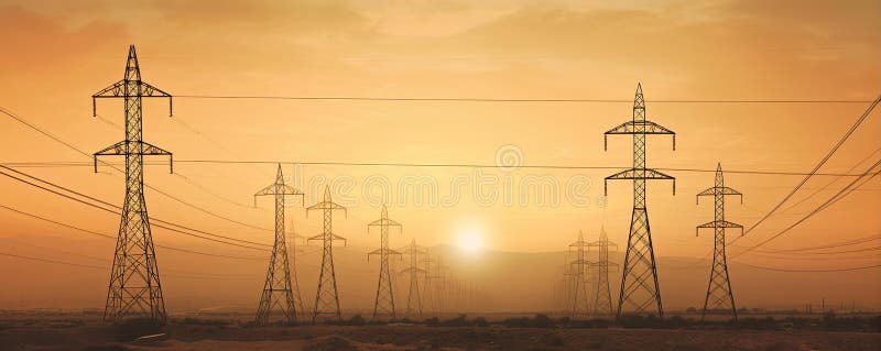 High Voltage Power Line at Sunset. Generative AI Stock Illustration ...