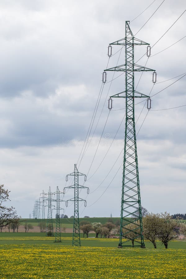 High Voltage Power Lines Above Spring Meadow. Electricity Poles Stock ...