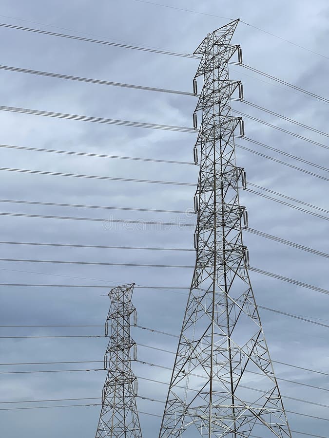 High Voltage Power Lines in Blue Sky Stock Photo - Image of engineering ...