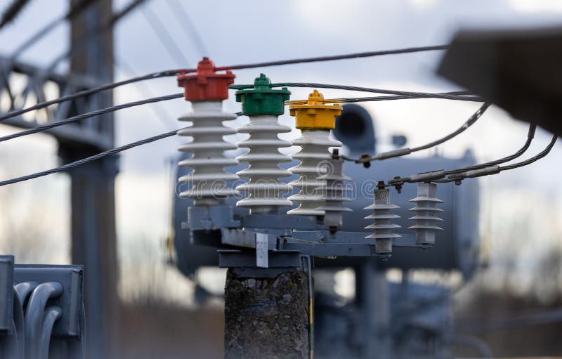 High Voltage Power Lines in Detail Stock Image - Image of distribution ...