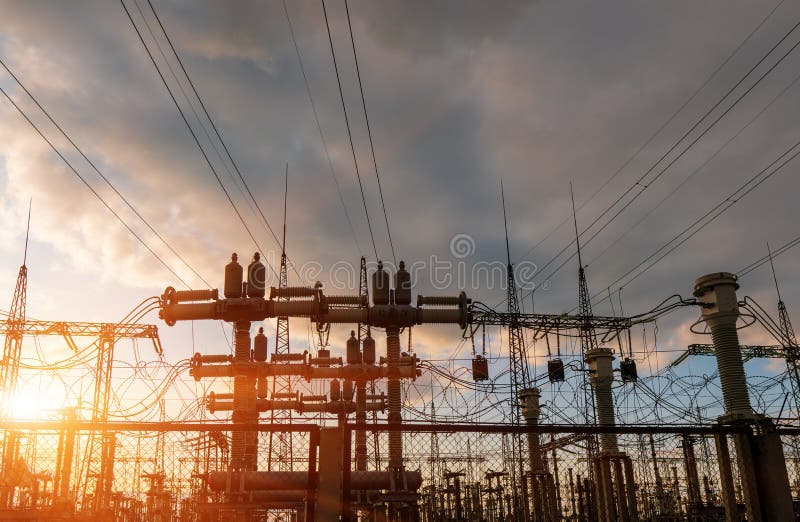 High-voltage Power Lines. Distribution Electric Substation with Power ...