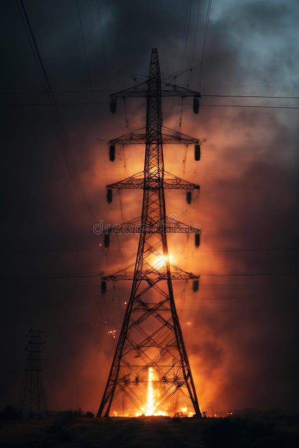 High Voltage Power Lines in a Fire. Electricity Distribution Station ...