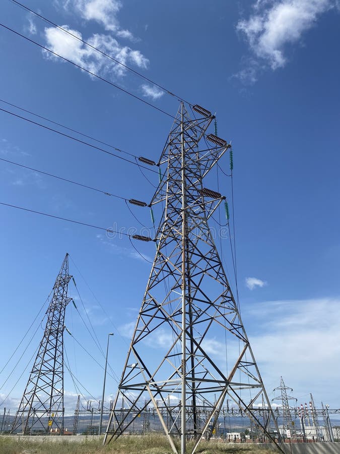 High Voltage Power Lines at Industrial Zone Stock Photo - Image of ...