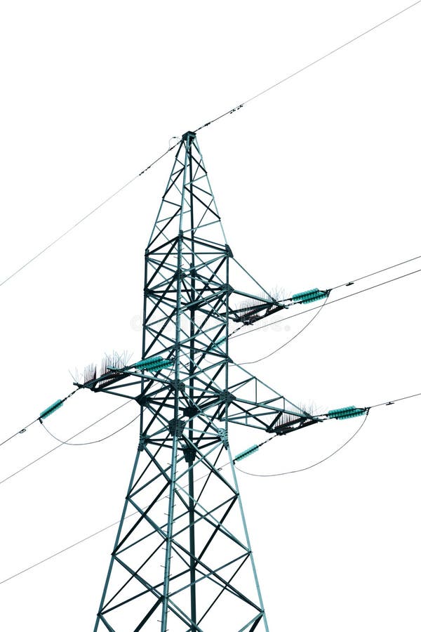 High Voltage Power Lines and Metal Pylon Isolated on White Background ...