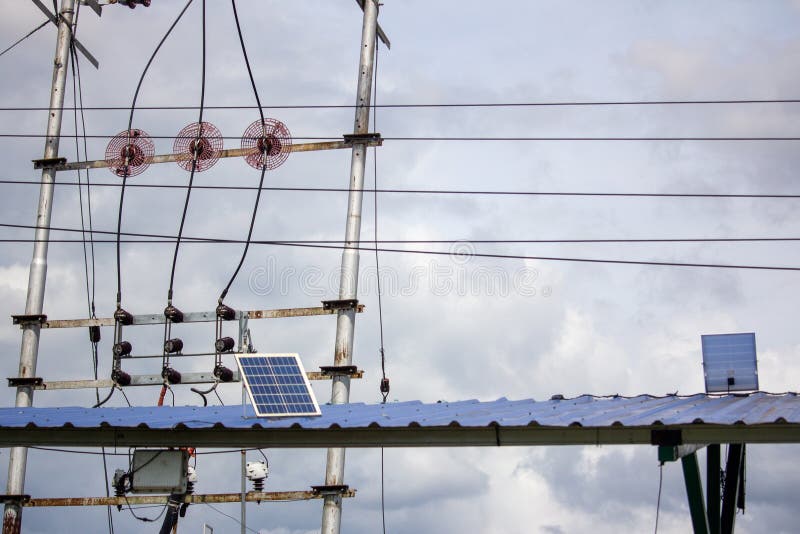 High Voltage Power Lines and Solar Panels, Symbolizing Renewable and ...
