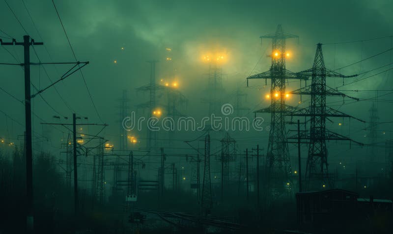 High Voltage Power Lines and Pylons in the Night Stock Photo - Image of ...