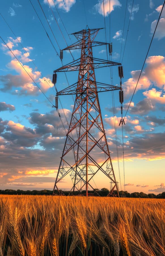 High Voltage Power Lines and Pylons in Wheat Field at Sunset Stock ...