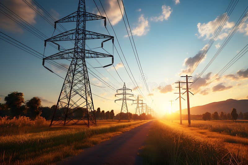 High-voltage Power Lines at Sunset. Electricity Distribution Station ...