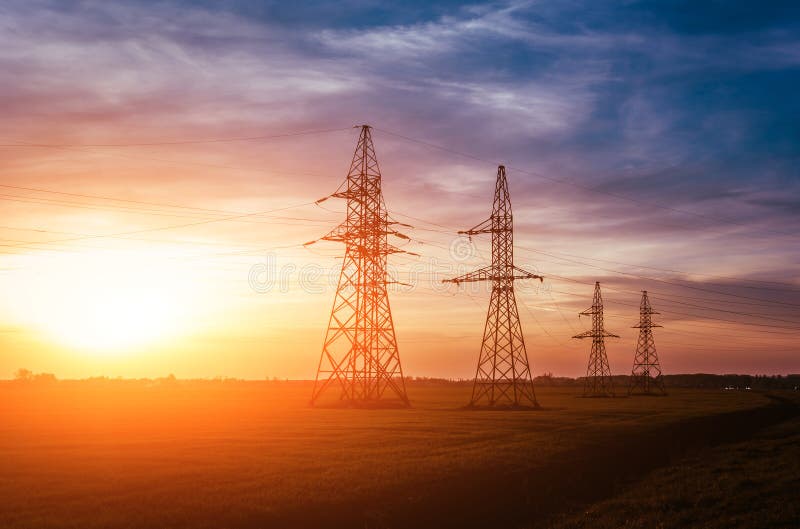 High-voltage Power Lines at Sunset. Electricity Distribution Station ...
