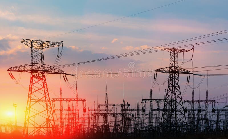 High Voltage Power Plant and Transformation Station at Sunset. Stock ...