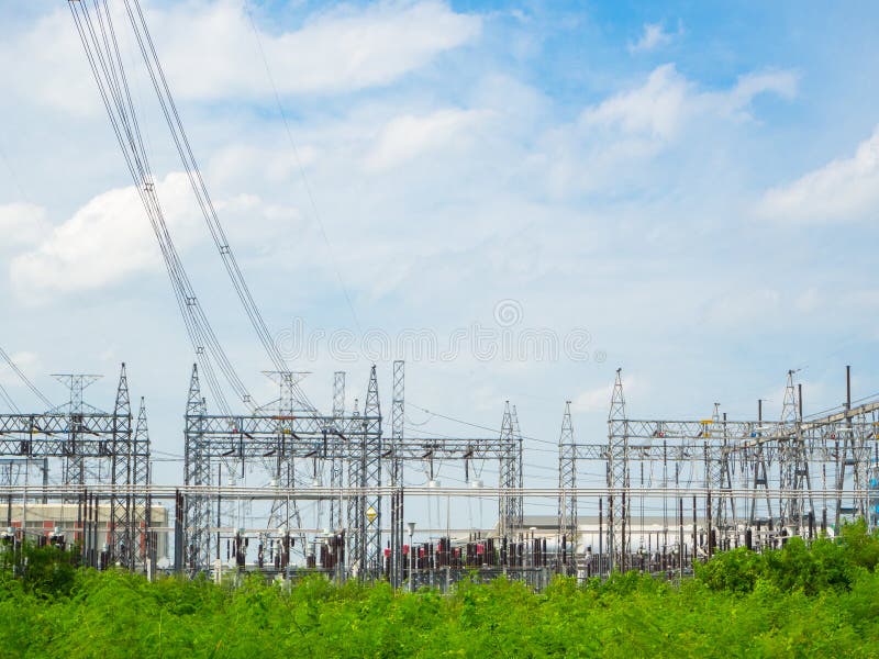 High Voltage Power Plant and Transformation Station at Sunset : Stock ...