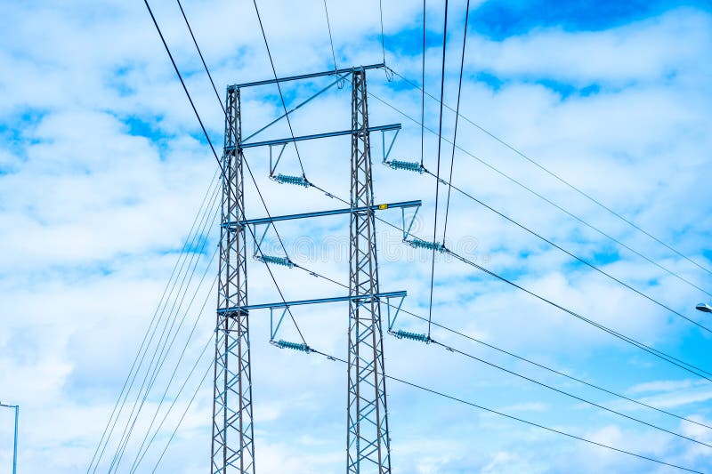 High Voltage Power Pylon Where the Lines Change Direction.. Stock Photo ...