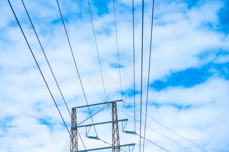 High Voltage Power Pylon Where the Lines Change Direction.. Stock Image ...