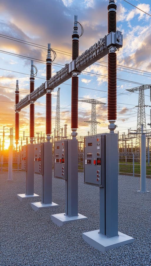 High-Voltage Power Substation at Sunset Engineering Marvel Illuminating ...
