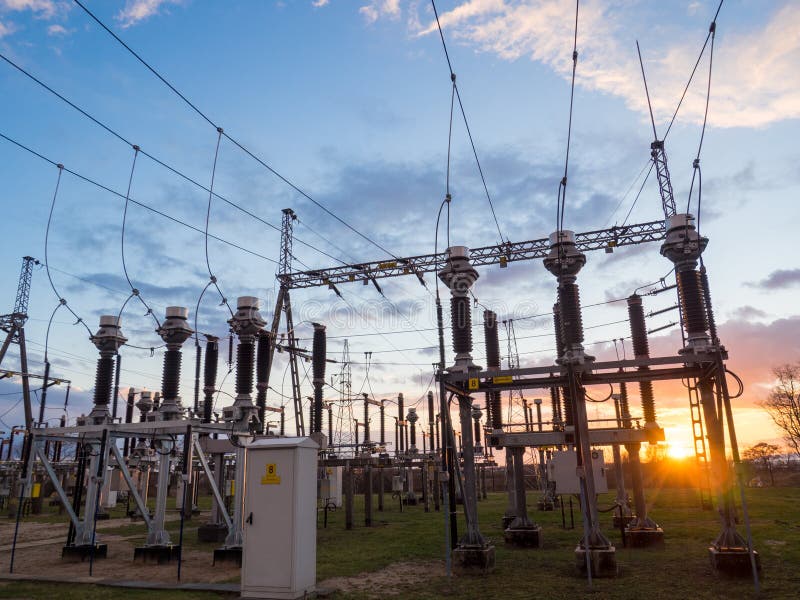 High Voltage Power Substation in the Sunset Sky Stock Image - Image of ...