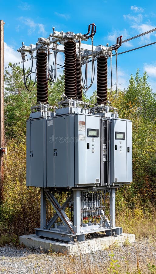 High-Voltage Power Substation Under a Bright Blue Sky Industrial ...