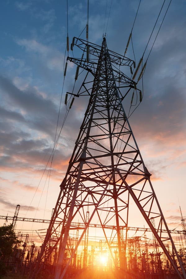 High Voltage Power Tower Beautiful Scenery at Dusk Stock Photo - Image ...