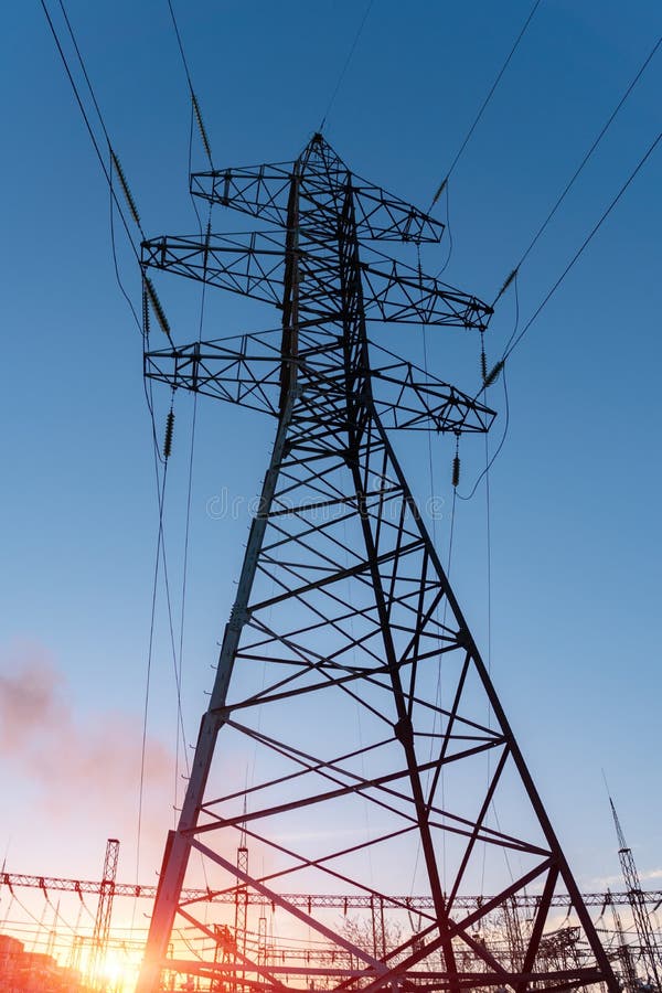 High Voltage Power Tower Beautiful Scenery at Dusk Stock Photo - Image ...