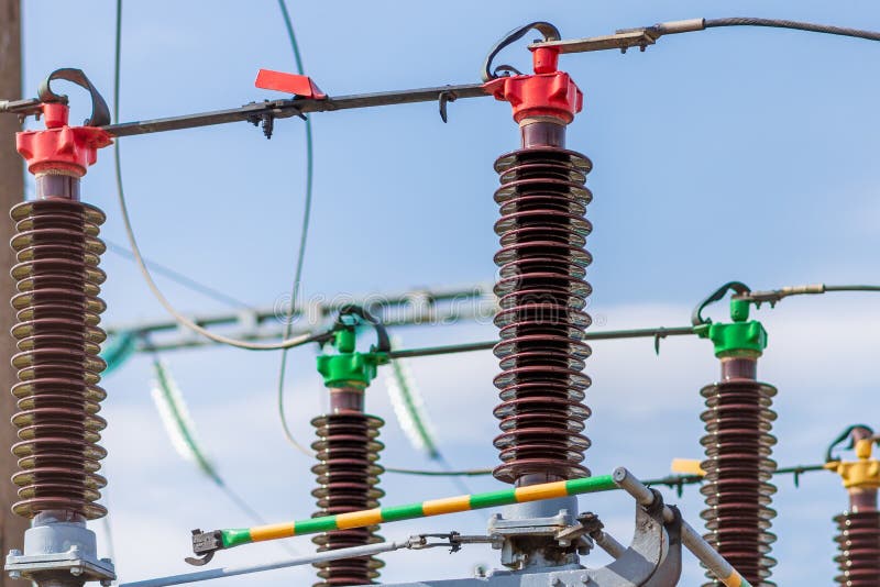 High Voltage Power Transformer in Substation.Front View To High-voltage ...