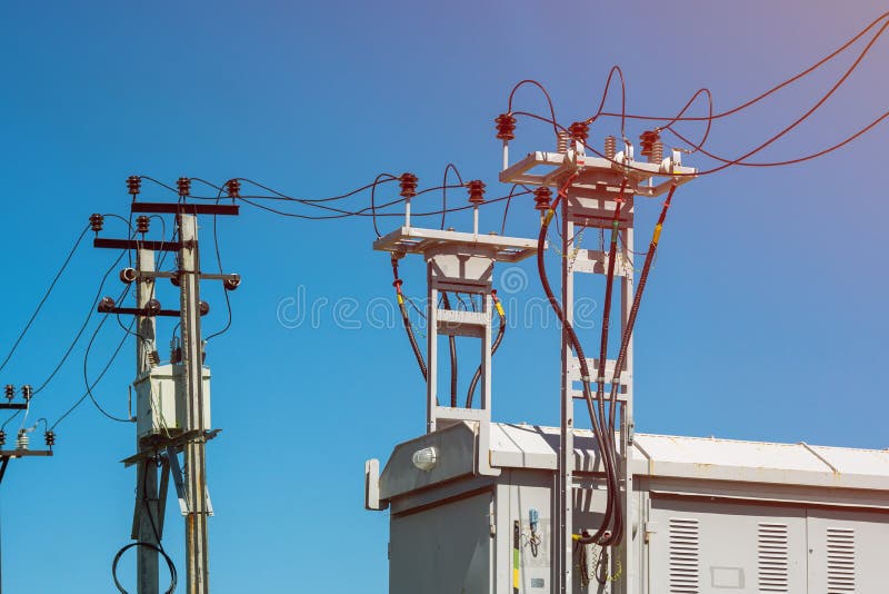 High Voltage Power Transformer Substation. Power Transmission Line ...