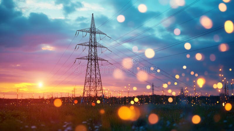 High Voltage Power Transmission Tower at Sunset Stock Illustration ...