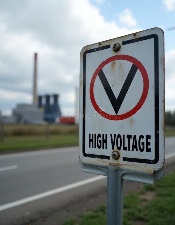 High Voltage Sign with Industrial Plant Backdrop Stock Illustration ...